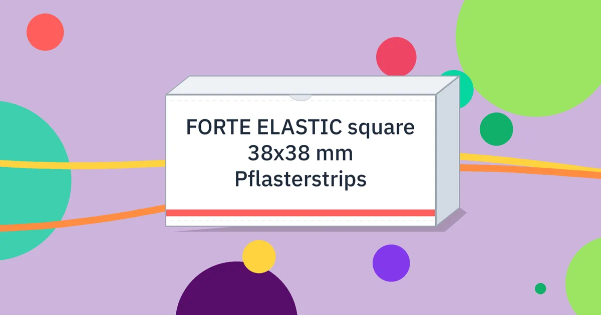 Symbolbild: Packung mit der Aufschrift FORTE ELASTIC square 38x38 mm Pflasterstrips (PZN 19382843) – Verfügbarkeit und Bezug in Apotheken in Frankfurt am Main