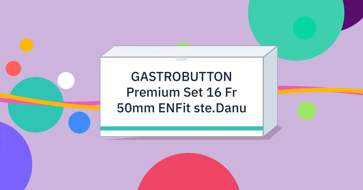 Symbolbild: Packung mit der Aufschrift GASTROBUTTON Premium Set 16 Fr 50mm ENFit ste.Danu (PZN 16883711) – Verfügbarkeit und Bezug in Apotheken in Frankfurt am Main