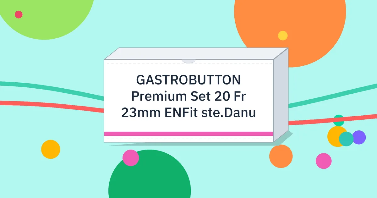 Symbolbild: Packung mit der Aufschrift GASTROBUTTON Premium Set 20 Fr 23mm ENFit ste.Danu (PZN 16883958) – Verfügbarkeit und Bezug in Apotheken in Frankfurt am Main