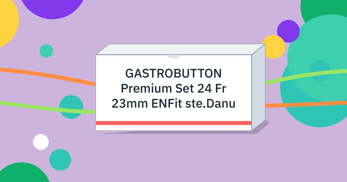 Symbolbild: Packung mit der Aufschrift GASTROBUTTON Premium Set 24 Fr 23mm ENFit ste.Danu (PZN 16884159) – Verfügbarkeit und Bezug in Apotheken in Frankfurt am Main