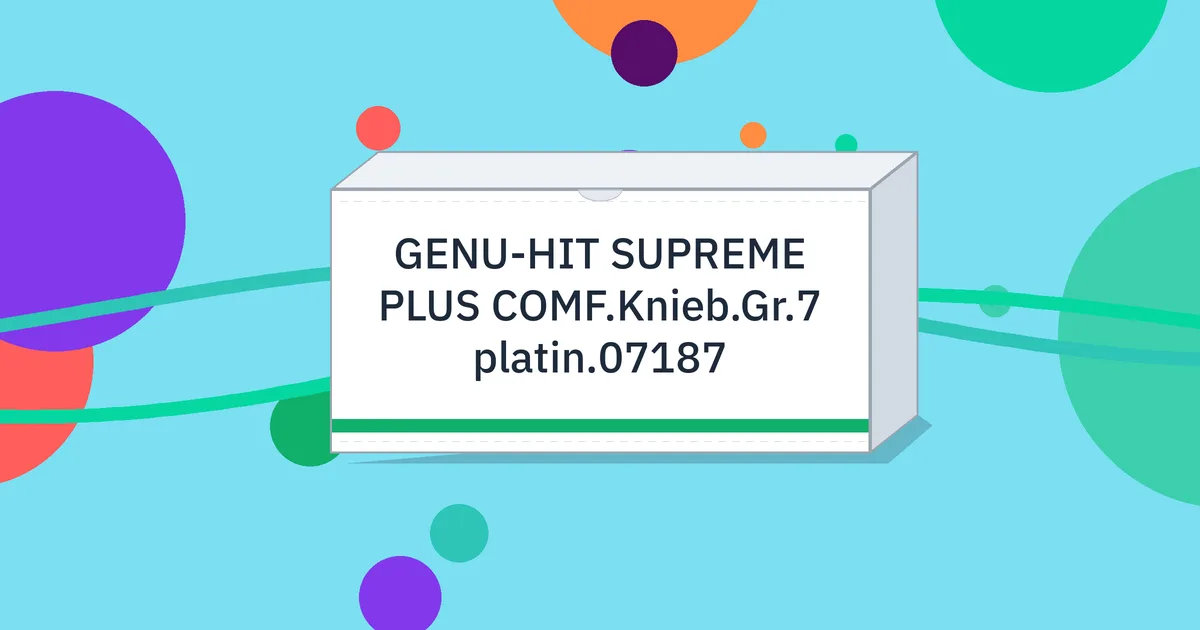 Symbolbild: Packung mit der Aufschrift GENU-HIT SUPREME PLUS COMF.Knieb.Gr.7 platin.07187 (PZN 18181462) – Verfügbarkeit und Bezug in Apotheken in Frankfurt am Main