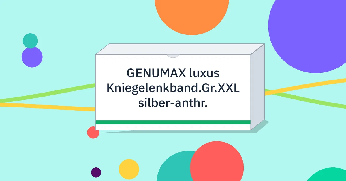 Symbolbild: Packung mit der Aufschrift GENUMAX luxus Kniegelenkband.Gr.XXL silber-anthr. (PZN 11097362) – Verfügbarkeit und Bezug in Apotheken in Frankfurt am Main