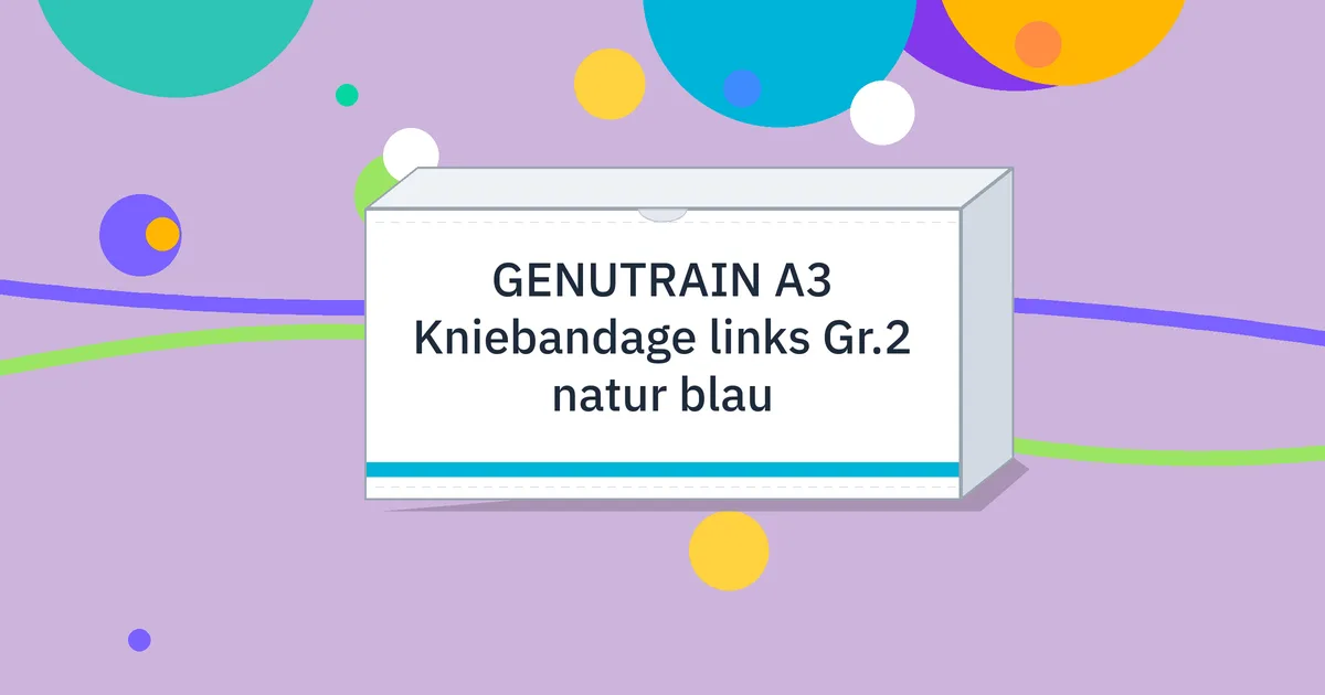 Symbolbild: Packung mit der Aufschrift GENUTRAIN A3 Kniebandage links Gr.2 natur blau (PZN 01071717) – Verfügbarkeit und Bezug in Apotheken in Frankfurt am Main