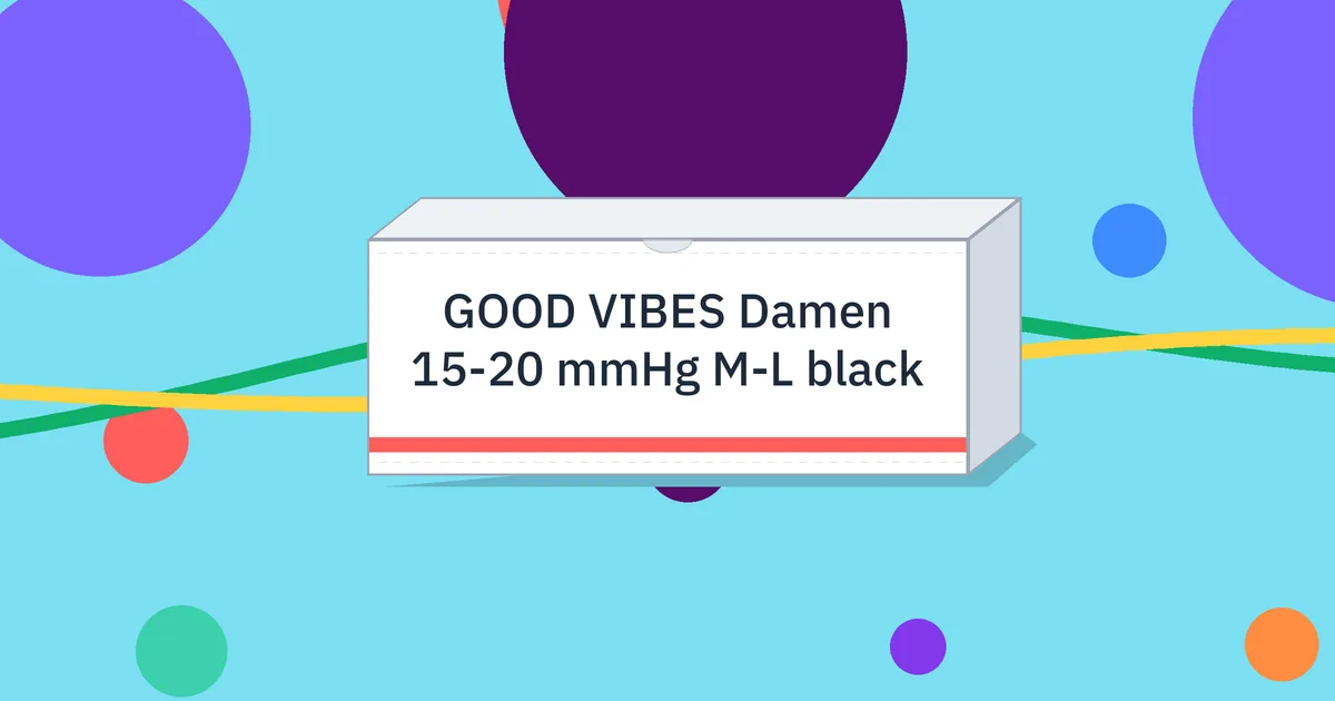 Symbolbild: Packung mit der Aufschrift GOOD VIBES Damen 15-20 mmHg M-L black (PZN 20112586) – Verfügbarkeit und Bezug in Apotheken in Frankfurt am Main