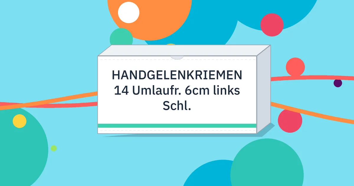 Symbolbild: Packung mit der Aufschrift HANDGELENKRIEMEN 14 Umlaufr. 6cm links Schl. (PZN 01963031) – Verfügbarkeit und Bezug in Apotheken in Frankfurt am Main