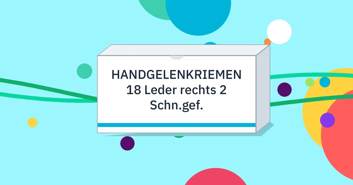 Symbolbild: Packung mit der Aufschrift HANDGELENKRIEMEN 18 Leder rechts 2 Schn.gef. (PZN 03230278) – Verfügbarkeit und Bezug in Apotheken in Frankfurt am Main