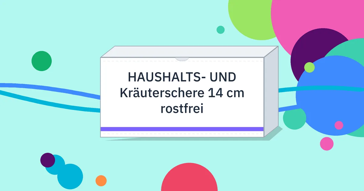 Symbolbild: Packung mit der Aufschrift HAUSHALTS- UND Kräuterschere 14 cm rostfrei (PZN 18389719) – Verfügbarkeit und Bezug in Apotheken in Frankfurt am Main