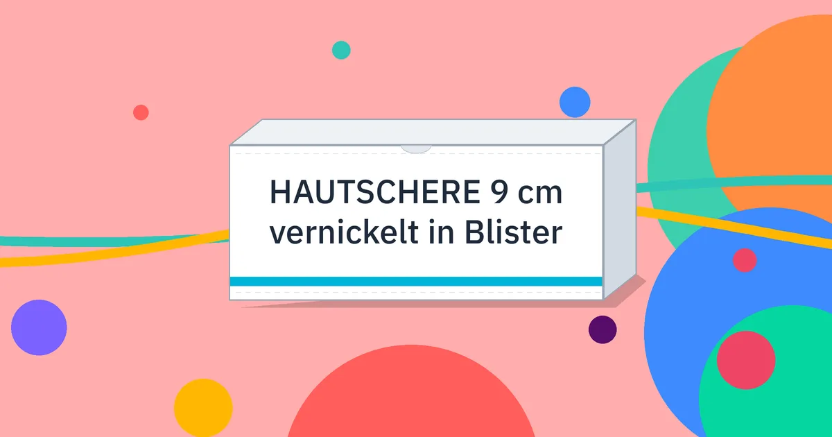 Symbolbild: Packung mit der Aufschrift HAUTSCHERE 9 cm vernickelt in Blister (PZN 18155223) – Verfügbarkeit und Bezug in Apotheken in Frankfurt am Main