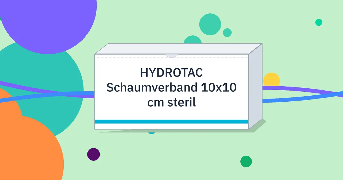 Symbolbild: Packung mit der Aufschrift HYDROTAC Schaumverband 10x10 cm steril (PZN 15588832) – Verfügbarkeit und Bezug in Apotheken in Frankfurt am Main