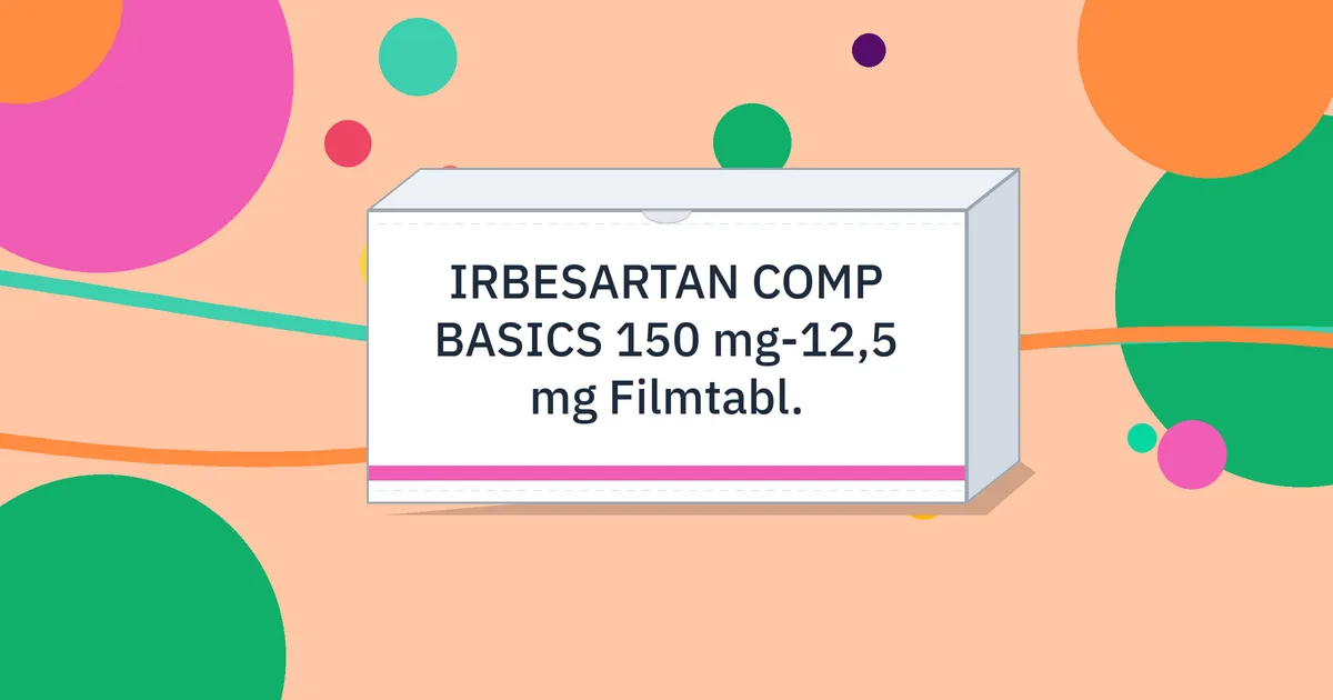 Symbolbild: Packung mit der Aufschrift IRBESARTAN COMP BASICS 150 mg-12,5 mg Filmtabl. (PZN 02460042) – Verfügbarkeit und Bezug in Apotheken in Frankfurt am Main