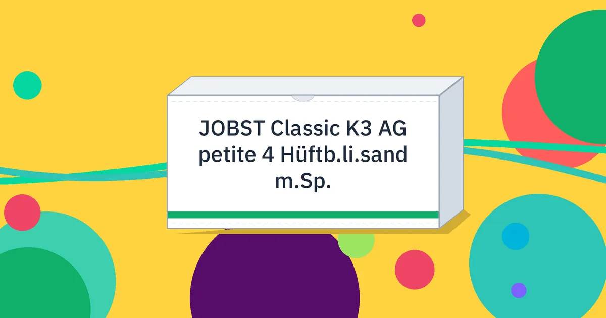 Symbolbild: Packung mit der Aufschrift JOBST Classic K3 AG petite 4 Hüftb.li.sand m.Sp. (PZN 13074218) – Verfügbarkeit und Bezug in Apotheken in Frankfurt am Main