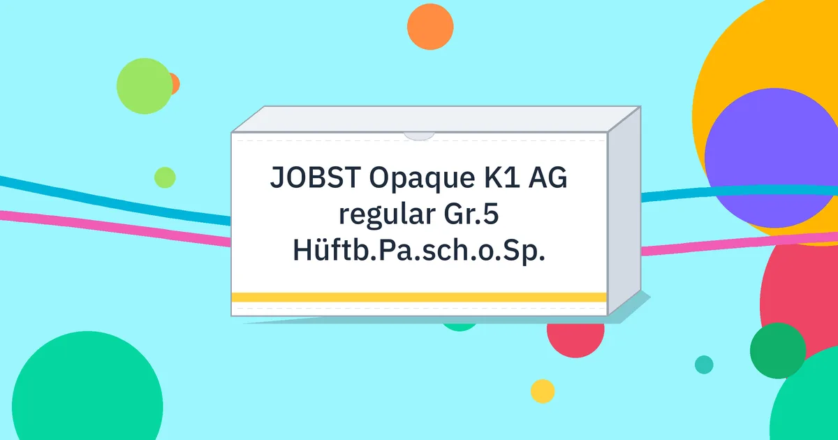 Symbolbild: Packung mit der Aufschrift JOBST Opaque K1 AG regular Gr.5 Hüftb.Pa.sch.o.Sp. (PZN 13101004) – Verfügbarkeit und Bezug in Apotheken in Frankfurt am Main