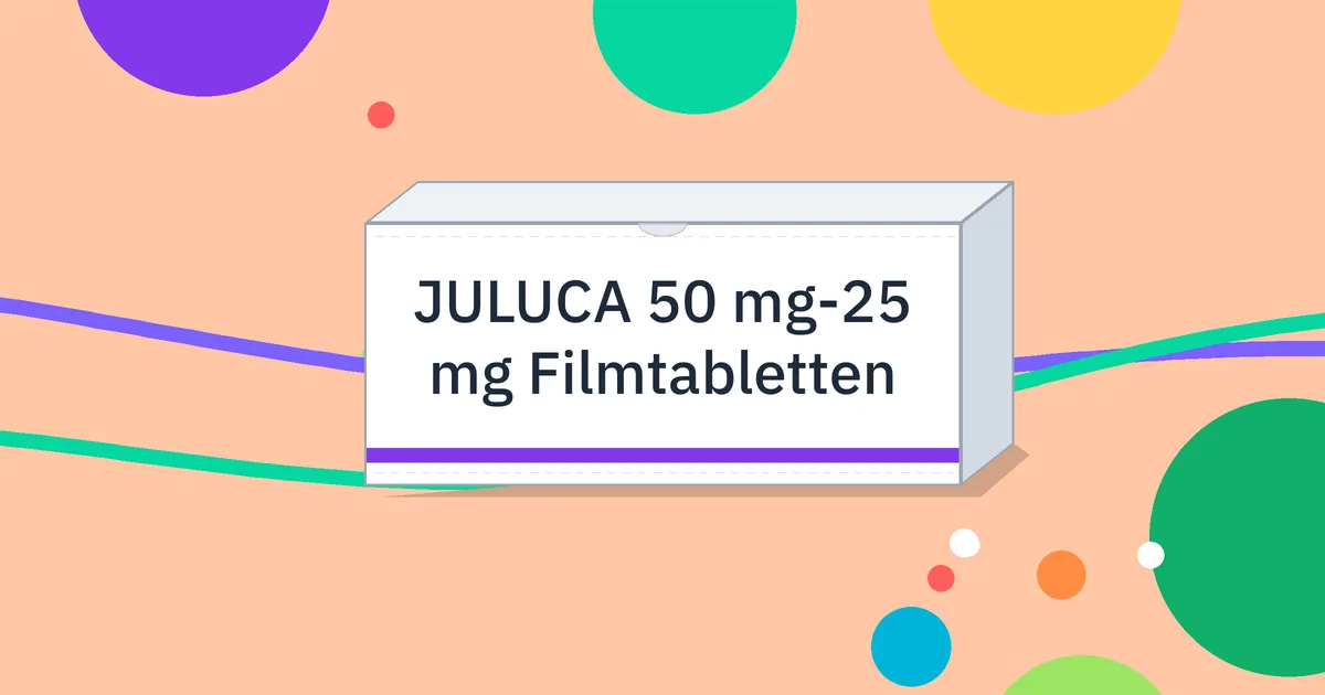 Symbolbild: Packung mit der Aufschrift JULUCA 50 mg-25 mg Filmtabletten (PZN 17242434) – Verfügbarkeit und Bezug in Apotheken in Frankfurt am Main