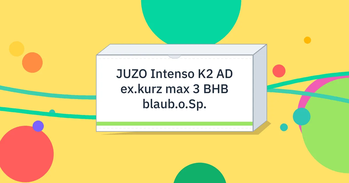 Symbolbild: Packung mit der Aufschrift JUZO Intenso K2 AD ex.kurz max 3 BHB blaub.o.Sp. (PZN 18624505) – Verfügbarkeit und Bezug in Apotheken in Frankfurt am Main