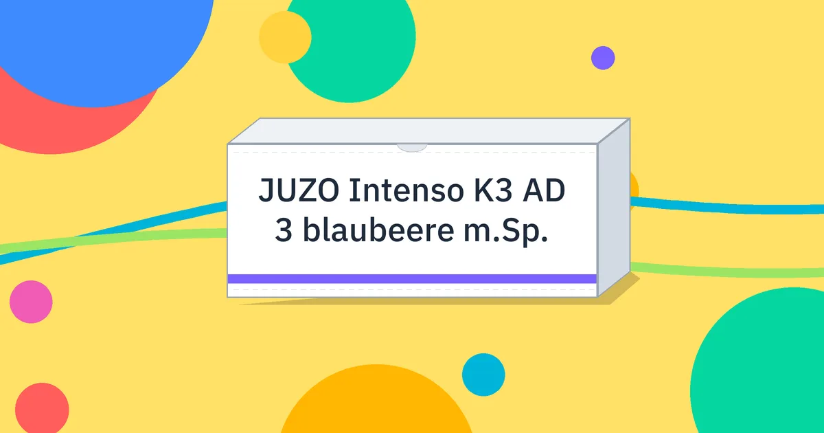 Symbolbild: Packung mit der Aufschrift JUZO Intenso K3 AD 3 blaubeere m.Sp. (PZN 18627449) – Verfügbarkeit und Bezug in Apotheken in Frankfurt am Main