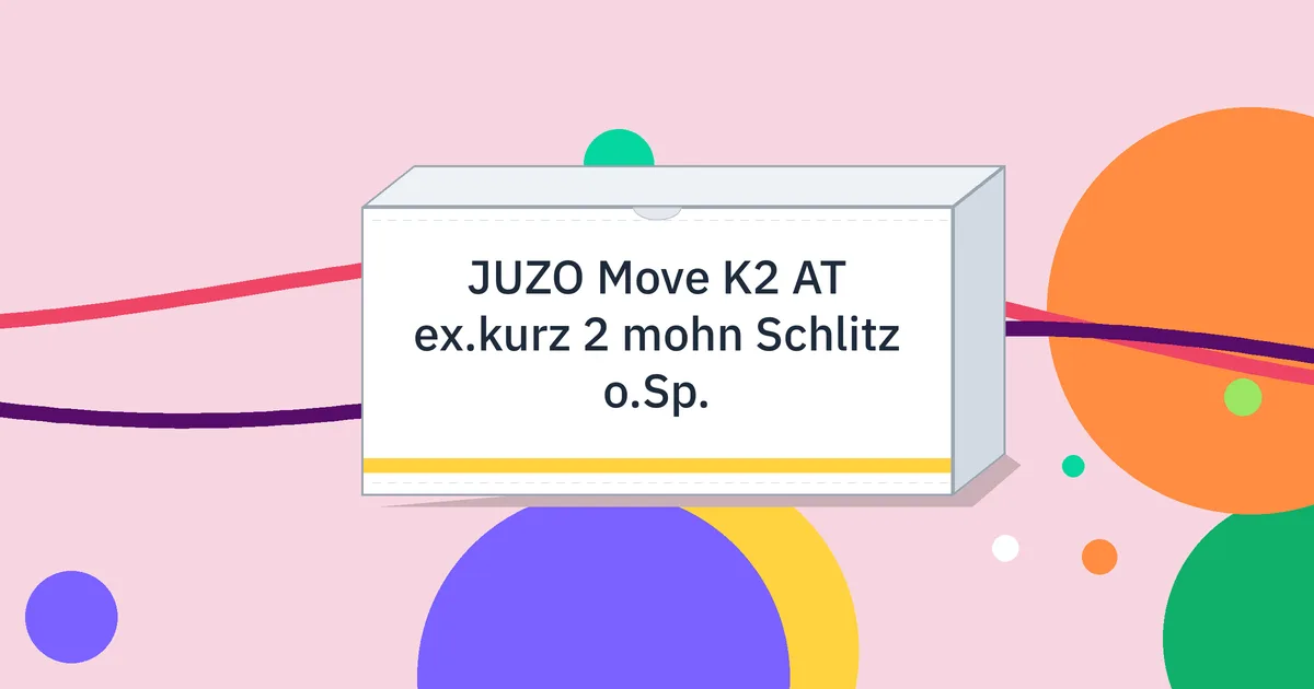 Symbolbild: Packung mit der Aufschrift JUZO Move K2 AT ex.kurz 2 mohn Schlitz o.Sp. (PZN 20673528) – Verfügbarkeit und Bezug in Apotheken in Frankfurt am Main