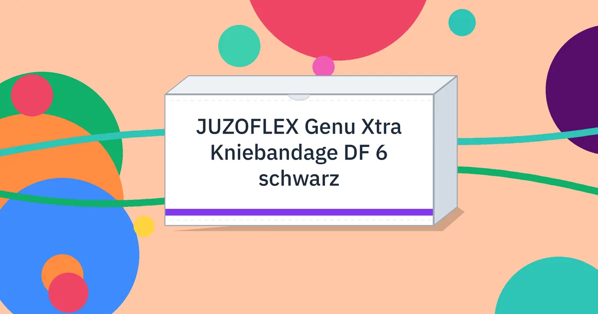 Symbolbild: Packung mit der Aufschrift JUZOFLEX Genu Xtra Kniebandage DF 6 schwarz (PZN 16497557) – Verfügbarkeit und Bezug in Apotheken in Frankfurt am Main