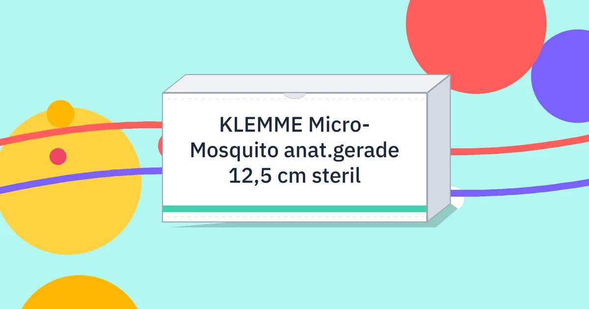 Symbolbild: Packung mit der Aufschrift KLEMME Micro-Mosquito anat.gerade 12,5 cm steril (PZN 17248135) – Verfügbarkeit und Bezug in Apotheken in Frankfurt am Main