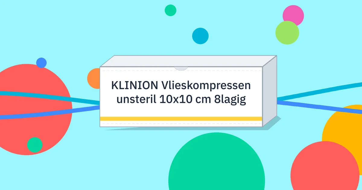 Symbolbild: Packung mit der Aufschrift KLINION Vlieskompressen unsteril 10x10 cm 8lagig (PZN 09730579) – Verfügbarkeit und Bezug in Apotheken in Frankfurt am Main