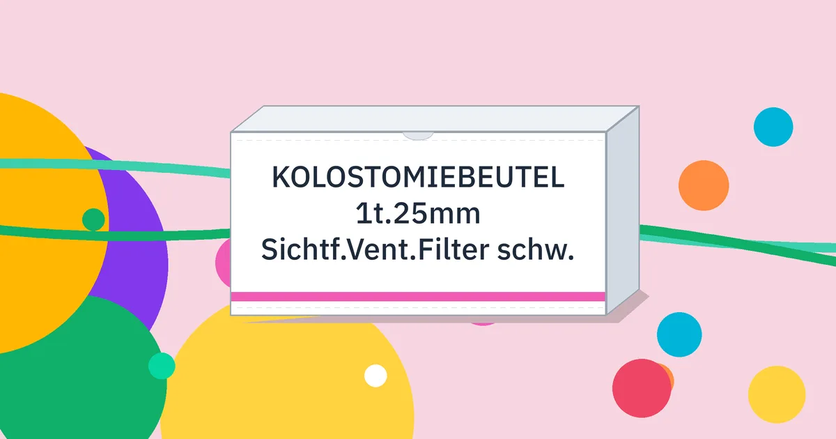 Symbolbild: Packung mit der Aufschrift KOLOSTOMIEBEUTEL 1t.25mm Sichtf.Vent.Filter schw. (PZN 18423882) – Verfügbarkeit und Bezug in Apotheken in Frankfurt am Main