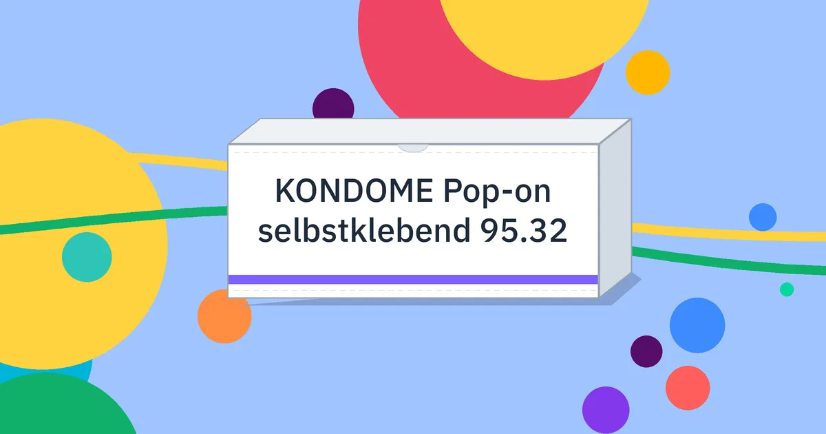 Symbolbild: Packung mit der Aufschrift KONDOME Pop-on selbstklebend 95.32 (PZN 07236059) – Verfügbarkeit und Bezug in Apotheken in Frankfurt am Main