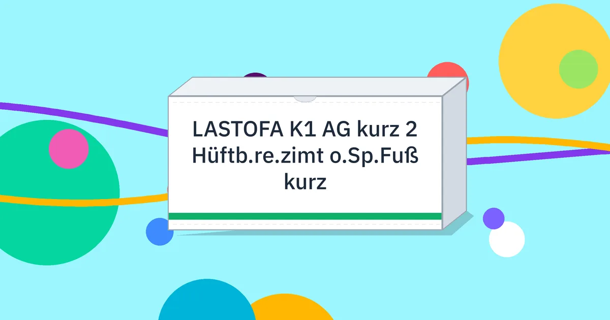 Symbolbild: Packung mit der Aufschrift LASTOFA K1 AG kurz 2 Hüftb.re.zimt o.Sp.Fuß kurz (PZN 13797678) – Verfügbarkeit und Bezug in Apotheken in Frankfurt am Main