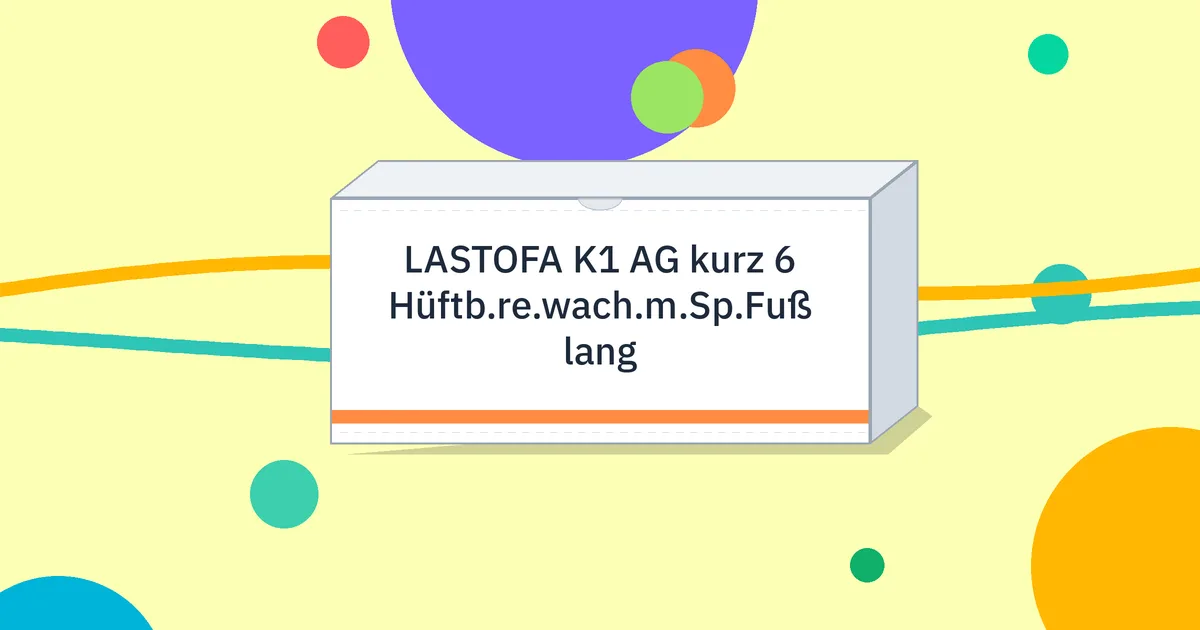 Symbolbild: Packung mit der Aufschrift LASTOFA K1 AG kurz 6 Hüftb.re.wach.m.Sp.Fuß lang (PZN 13799186) – Verfügbarkeit und Bezug in Apotheken in Frankfurt am Main