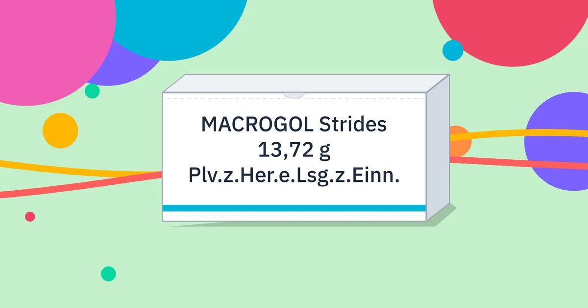 Symbolbild: Packung mit der Aufschrift MACROGOL Strides 13,72 g Plv.z.Her.e.Lsg.z.Einn. (PZN 15890560) – Verfügbarkeit und Bezug in Apotheken in Frankfurt am Main