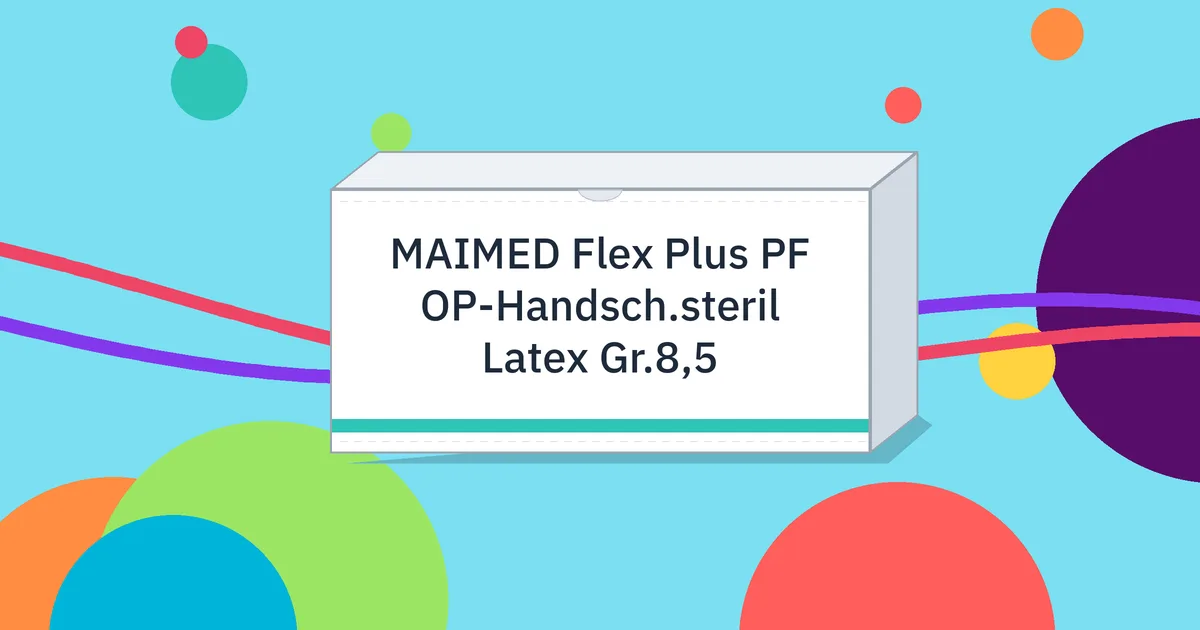 Symbolbild: Packung mit der Aufschrift MAIMED Flex Plus PF OP-Handsch.steril Latex Gr.8,5 (PZN 04842753) – Verfügbarkeit und Bezug in Apotheken in Frankfurt am Main
