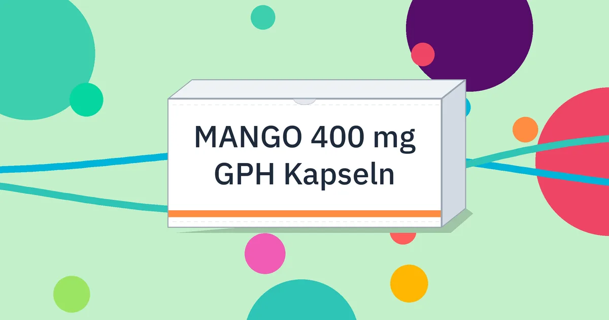 Symbolbild: Packung mit der Aufschrift MANGO 400 mg GPH Kapseln (PZN 03442951) – Verfügbarkeit und Bezug in Apotheken in Frankfurt am Main
