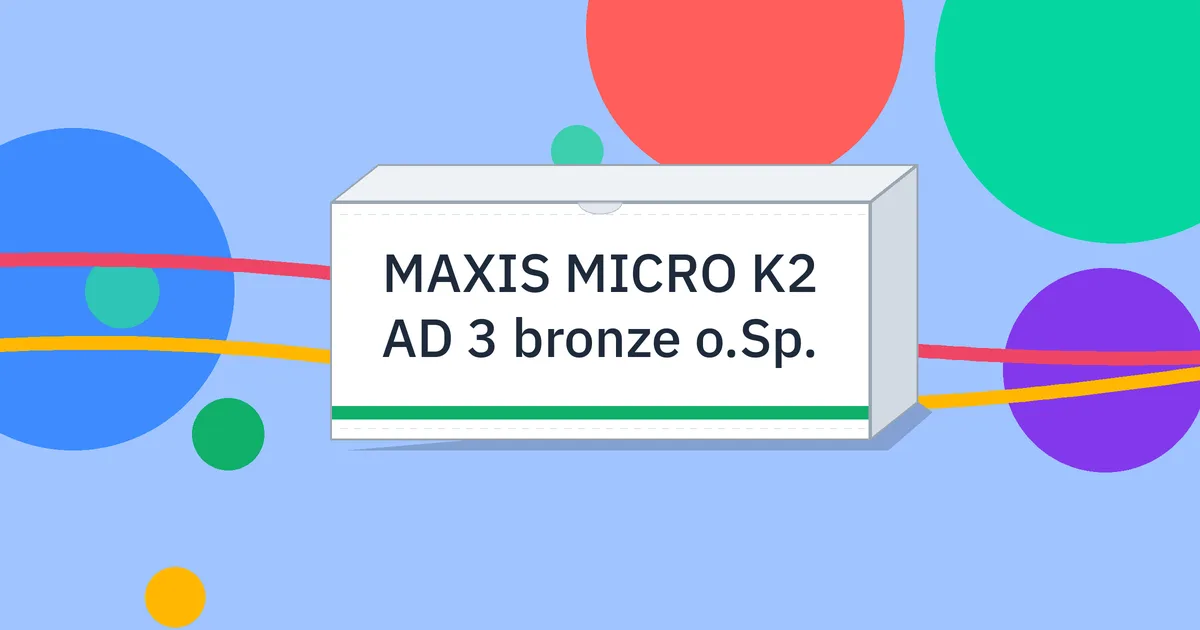 Symbolbild: Packung mit der Aufschrift MAXIS MICRO K2 AD 3 bronze o.Sp. (PZN 17673401) – Verfügbarkeit und Bezug in Apotheken in Frankfurt am Main