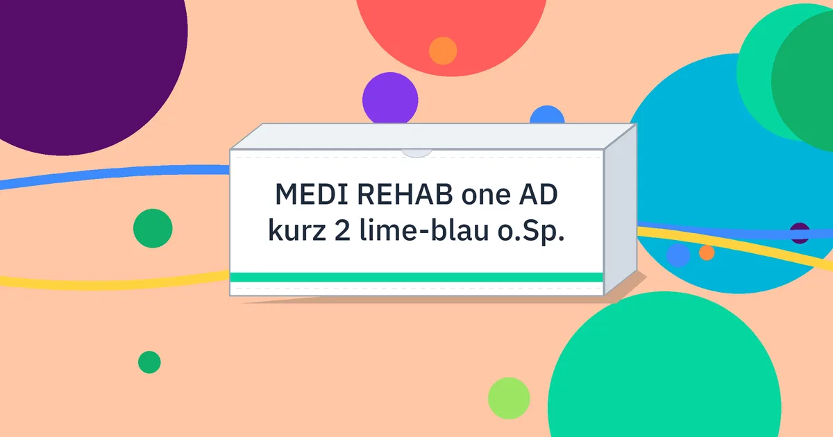 Symbolbild: Packung mit der Aufschrift MEDI REHAB one AD kurz 2 lime-blau o.Sp. (PZN 18898160) – Verfügbarkeit und Bezug in Apotheken in Frankfurt am Main