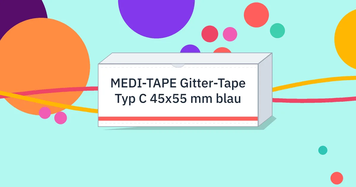 Symbolbild: Packung mit der Aufschrift MEDI-TAPE Gitter-Tape Typ C 45x55 mm blau (PZN 16043158) – Verfügbarkeit und Bezug in Apotheken in Frankfurt am Main