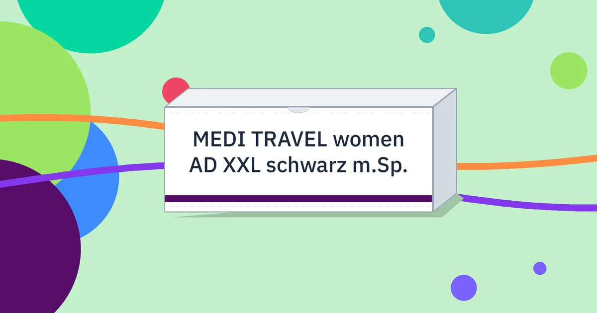 Symbolbild: Packung mit der Aufschrift MEDI TRAVEL women AD XXL schwarz m.Sp. (PZN 07678018) – Verfügbarkeit und Bezug in Apotheken in Frankfurt am Main