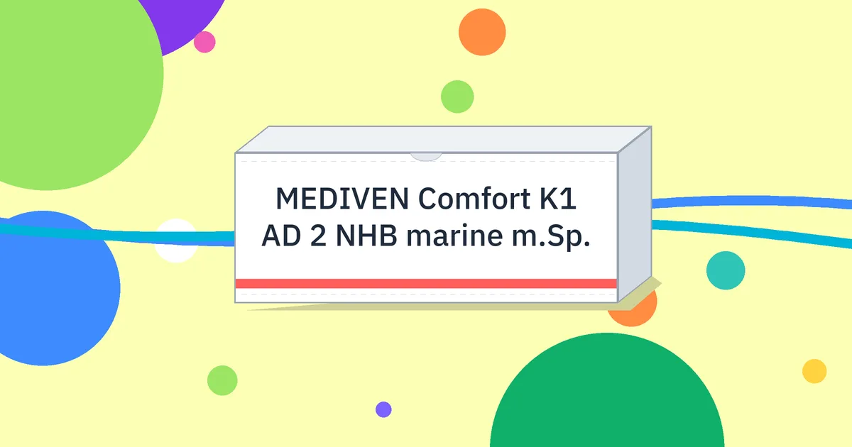 Symbolbild: Packung mit der Aufschrift MEDIVEN Comfort K1 AD 2 NHB marine m.Sp. (PZN 14560961) – Verfügbarkeit und Bezug in Apotheken in Frankfurt am Main