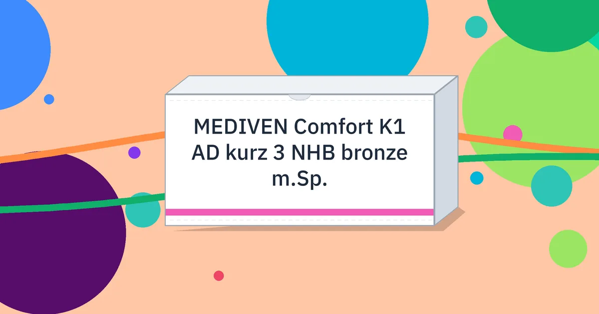 Symbolbild: Packung mit der Aufschrift MEDIVEN Comfort K1 AD kurz 3 NHB bronze m.Sp. (PZN 14556617) – Verfügbarkeit und Bezug in Apotheken in Frankfurt am Main