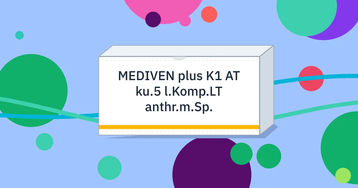 Symbolbild: Packung mit der Aufschrift MEDIVEN plus K1 AT ku.5 l.Komp.LT anthr.m.Sp. (PZN 15028872) – Verfügbarkeit und Bezug in Apotheken in Frankfurt am Main