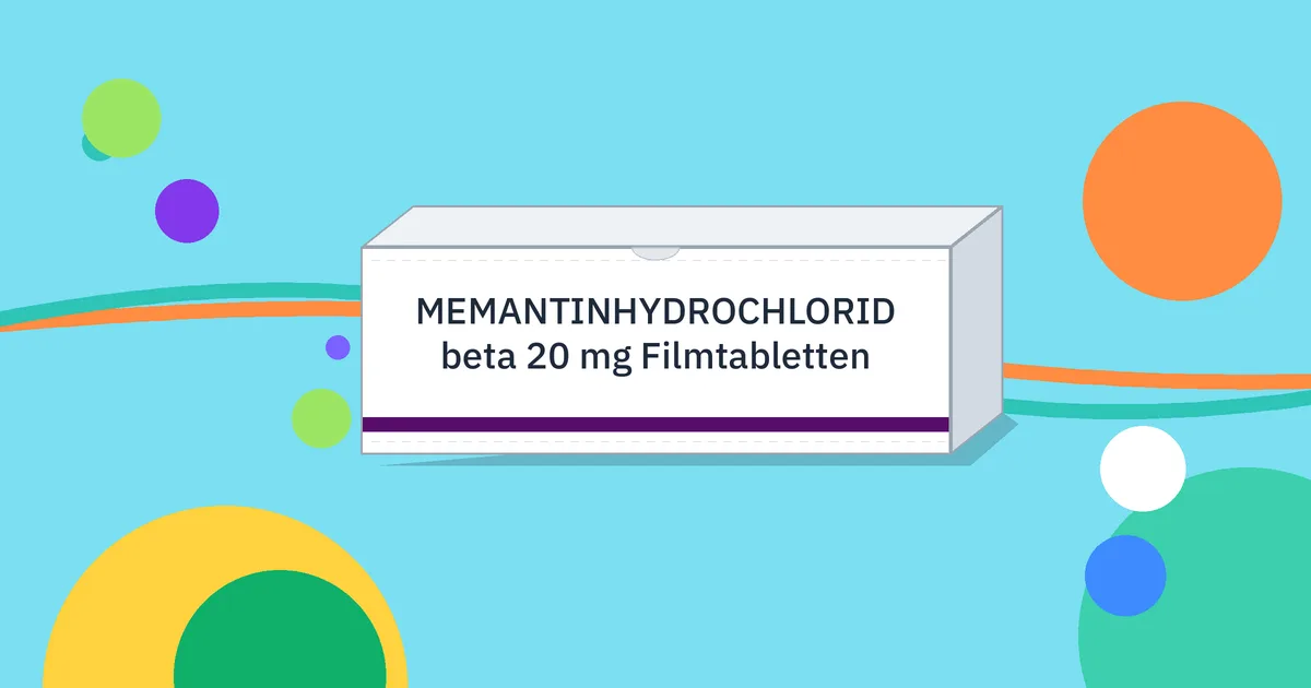 Symbolbild: Packung mit der Aufschrift MEMANTINHYDROCHLORID beta 20 mg Filmtabletten (PZN 09890231) – Verfügbarkeit und Bezug in Apotheken in Frankfurt am Main