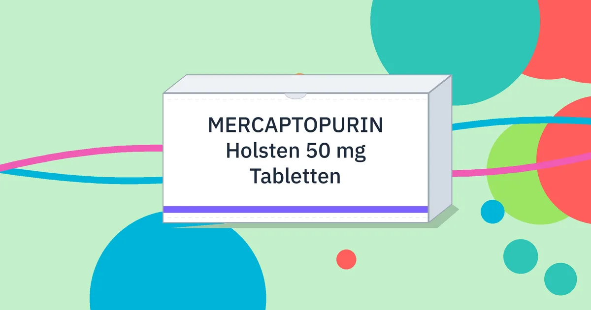 Symbolbild: Packung mit der Aufschrift MERCAPTOPURIN Holsten 50 mg Tabletten (PZN 17569856) – Verfügbarkeit und Bezug in Apotheken in Frankfurt am Main