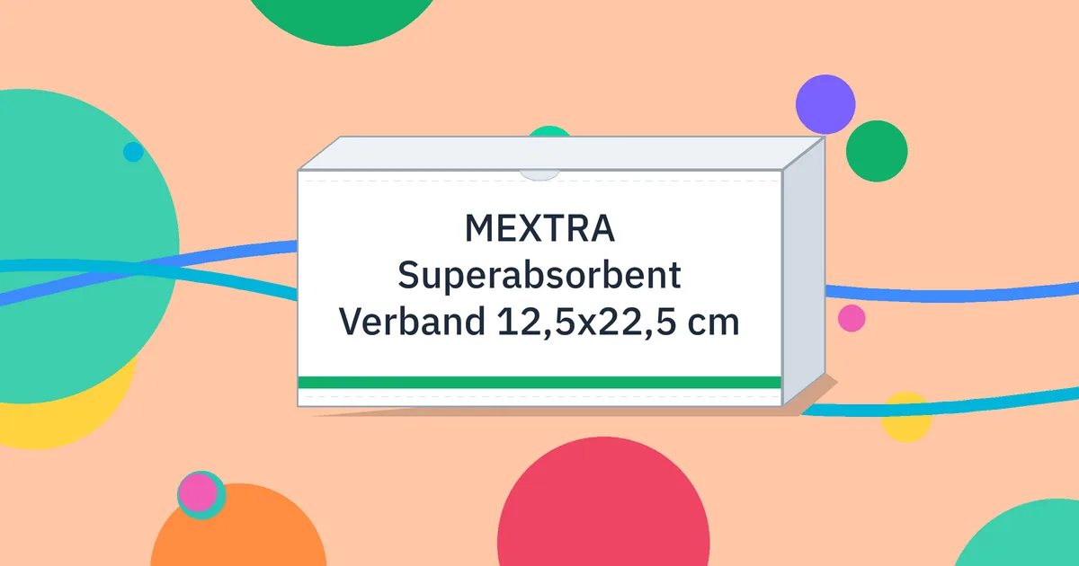 Symbolbild: Packung mit der Aufschrift MEXTRA Superabsorbent Verband 12,5x22,5 cm (PZN 19151954) – Verfügbarkeit und Bezug in Apotheken in Frankfurt am Main