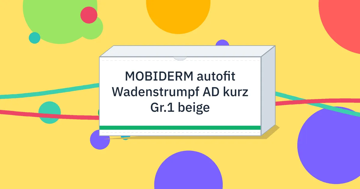 Symbolbild: Packung mit der Aufschrift MOBIDERM autofit Wadenstrumpf AD kurz Gr.1 beige (PZN 19742017) – Verfügbarkeit und Bezug in Apotheken in Frankfurt am Main