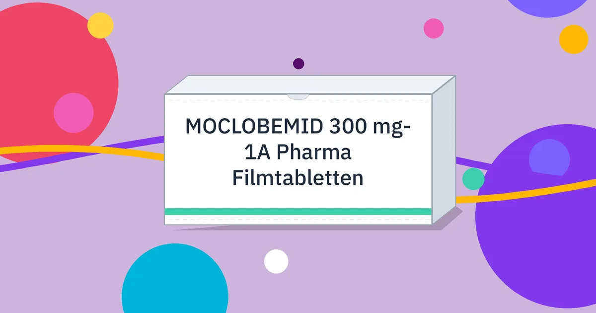 Symbolbild: Packung mit der Aufschrift MOCLOBEMID 300 mg-1A Pharma Filmtabletten (PZN 03190231) – Verfügbarkeit und Bezug in Apotheken in Frankfurt am Main
