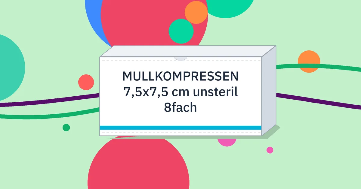 Symbolbild: Packung mit der Aufschrift MULLKOMPRESSEN 7,5x7,5 cm unsteril 8fach (PZN 08888717) – Verfügbarkeit und Bezug in Apotheken in Frankfurt am Main