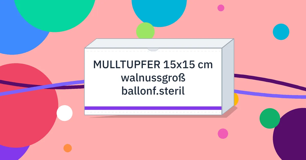 Symbolbild: Packung mit der Aufschrift MULLTUPFER 15x15 cm walnussgroß ballonf.steril (PZN 14266919) – Verfügbarkeit und Bezug in Apotheken in Frankfurt am Main