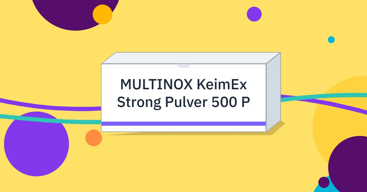 Symbolbild: Packung mit der Aufschrift MULTINOX KeimEx Strong Pulver 500 P (PZN 15393933) – Verfügbarkeit und Bezug in Apotheken in Frankfurt am Main