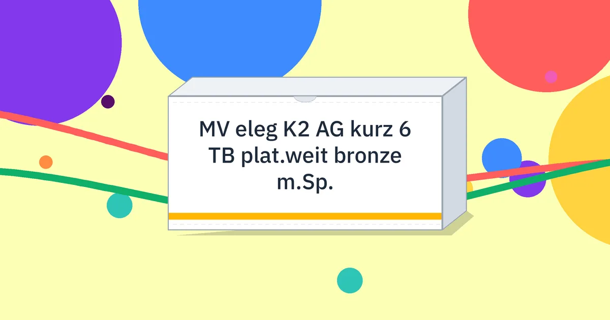 Symbolbild: Packung mit der Aufschrift MV eleg K2 AG kurz 6 TB plat.weit bronze m.Sp. (PZN 14716067) – Verfügbarkeit und Bezug in Apotheken in Frankfurt am Main