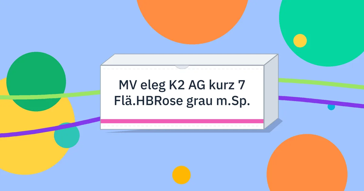 Symbolbild: Packung mit der Aufschrift MV eleg K2 AG kurz 7 Flä.HBRose grau m.Sp. (PZN 18925810) – Verfügbarkeit und Bezug in Apotheken in Frankfurt am Main