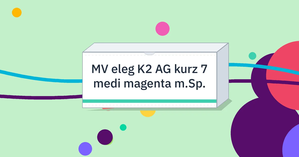Symbolbild: Packung mit der Aufschrift MV eleg K2 AG kurz 7 medi magenta m.Sp. (PZN 14637965) – Verfügbarkeit und Bezug in Apotheken in Frankfurt am Main