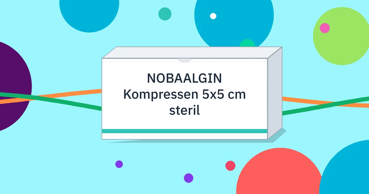 Symbolbild: Packung mit der Aufschrift NOBAALGIN Kompressen 5x5 cm steril (PZN 16027432) – Verfügbarkeit und Bezug in Apotheken in Frankfurt am Main