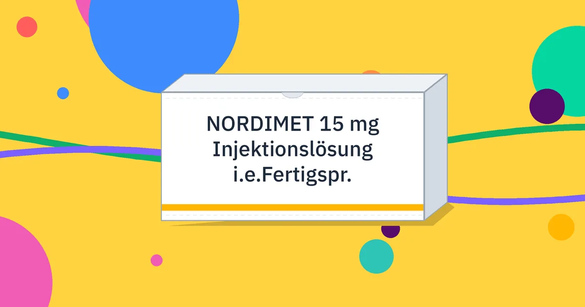 Symbolbild: Packung mit der Aufschrift NORDIMET 15 mg Injektionslösung i.e.Fertigspr. (PZN 15264845) – Verfügbarkeit und Bezug in Apotheken in Frankfurt am Main